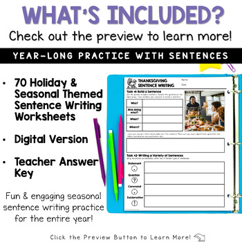 Sentence Writing Practice: Seasonal and Holiday Themed Worksheets ...